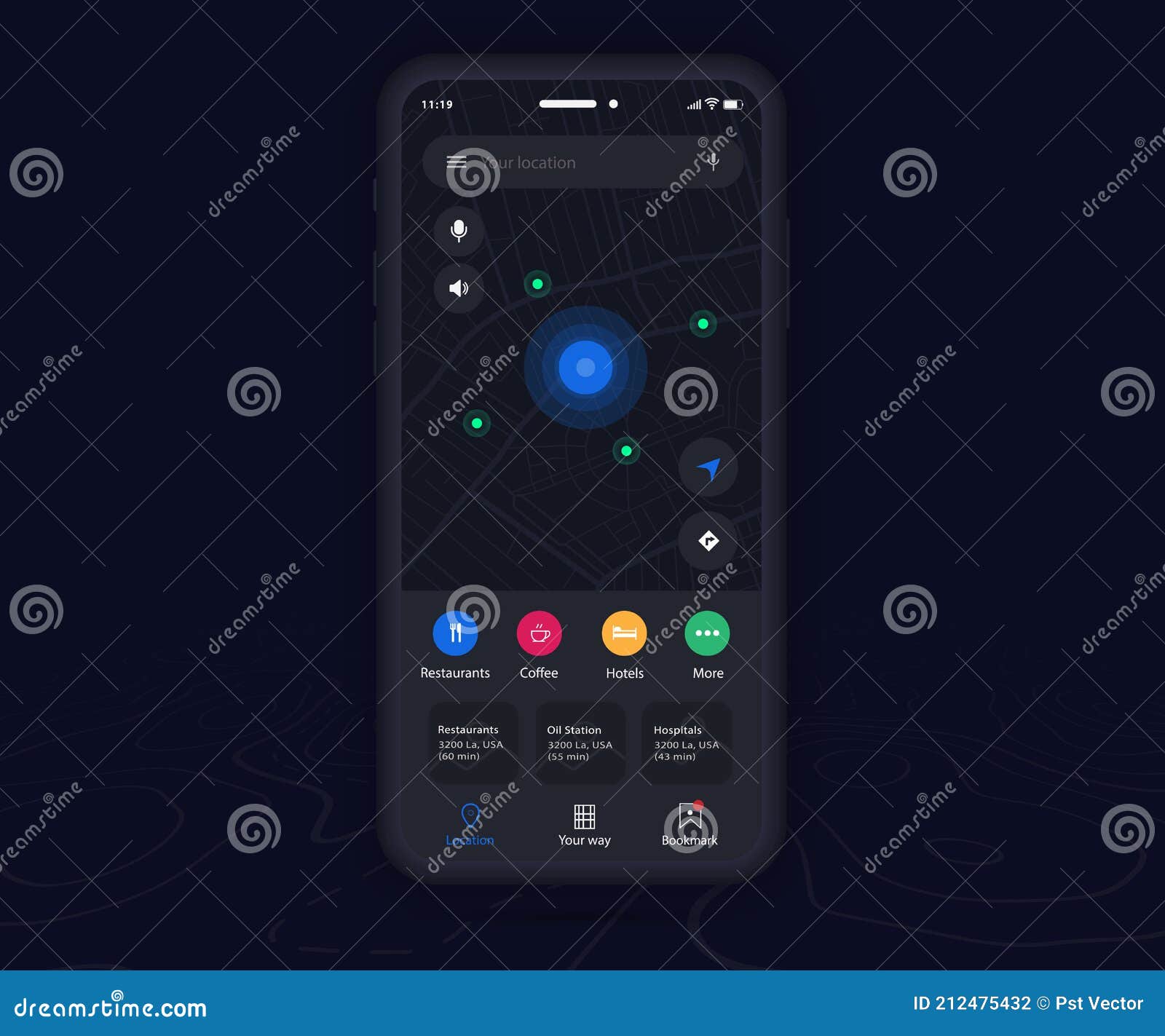 Smartphone Map Gps Navigation App Dark Mode Ux Ui Concept Mobile Map Application App Search