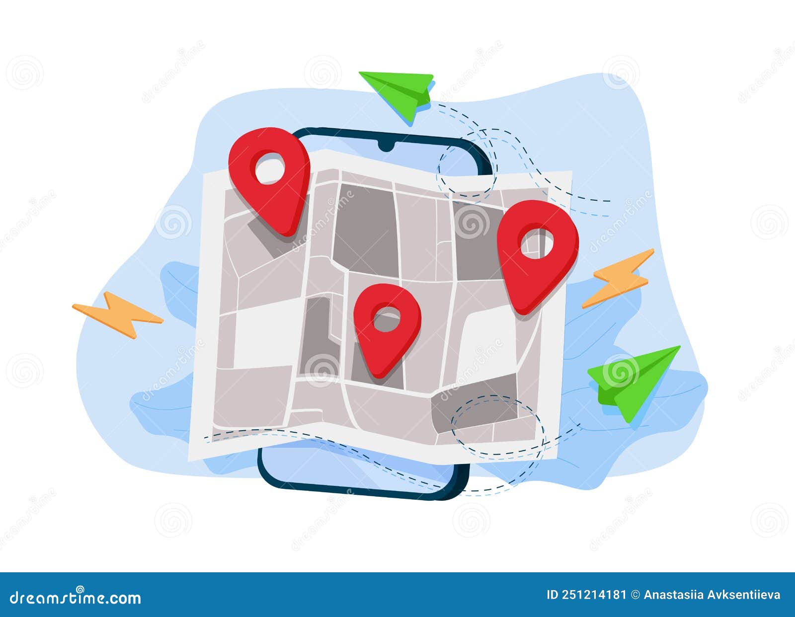 Smartphone with Map Illustration, Map Pins, GPS, Navigator Pin Checking ...