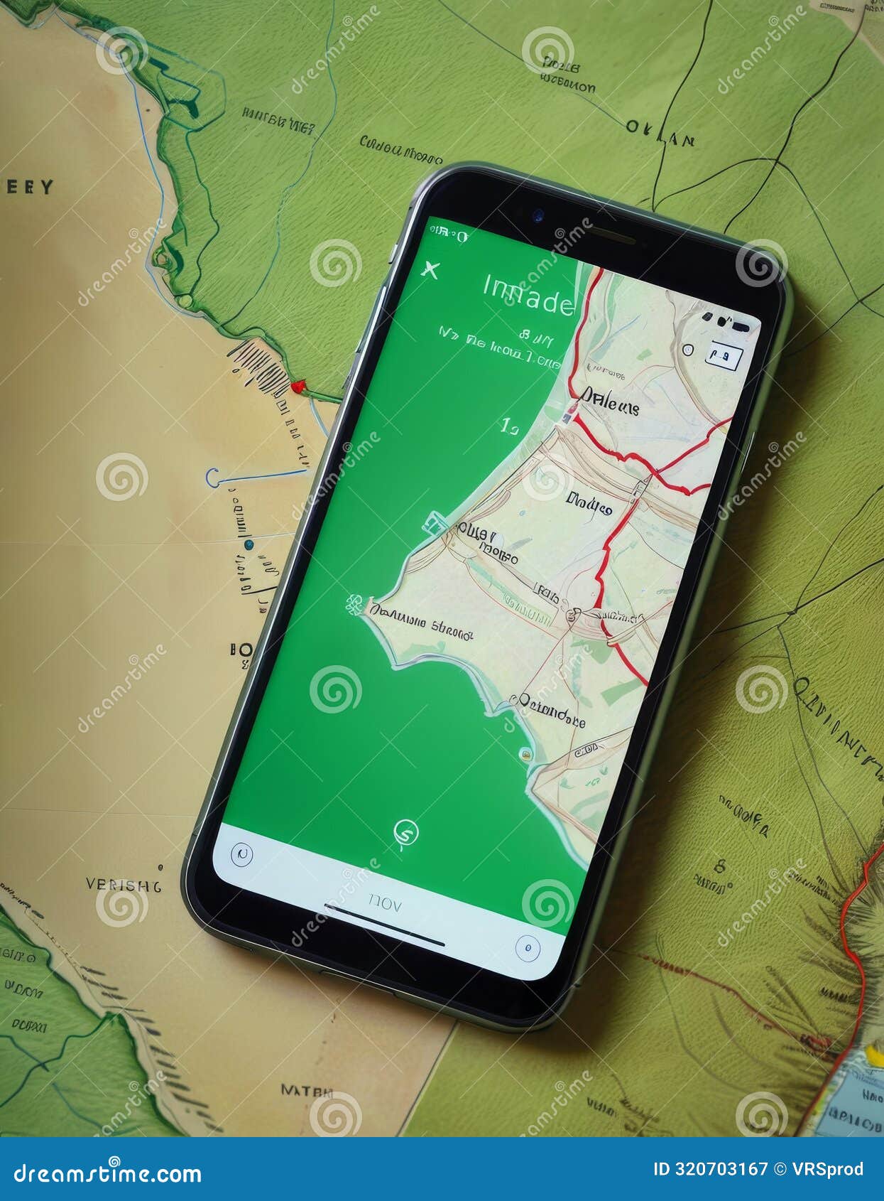 Smartphone Map on Terrain Background Stock Image - Image of green ...