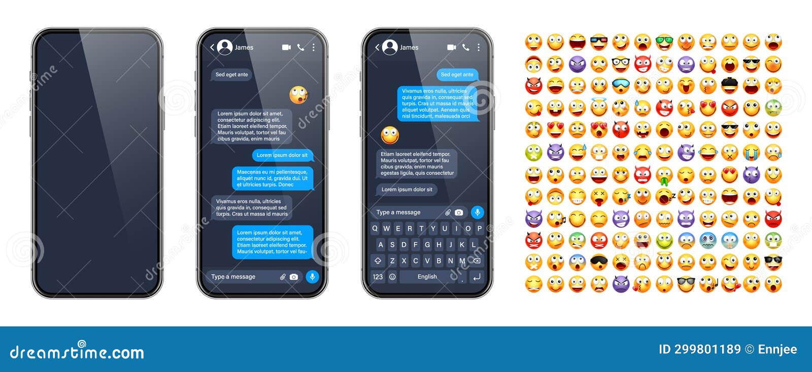 Smartphone Messaging App, User Interface with Emoji. SMS Text Frame ...