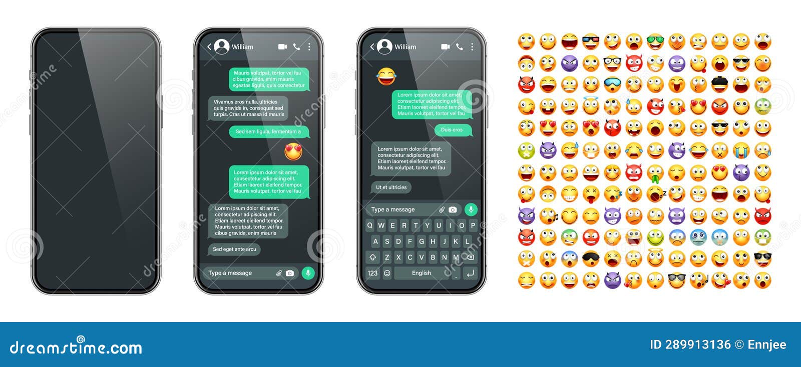 Smartphone Messaging App, User Interface with Emoji. SMS Text Frame ...