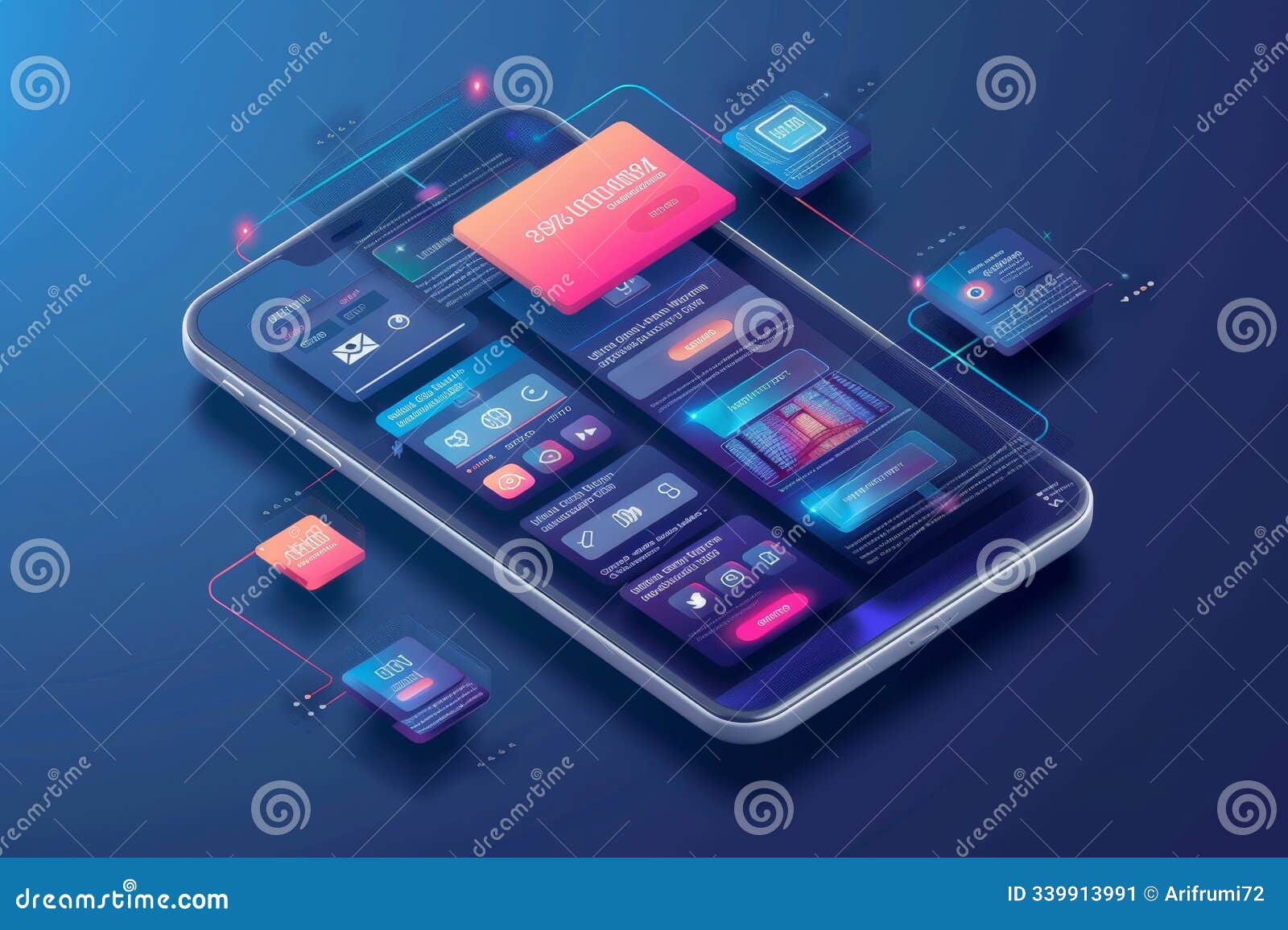 Smartphone Mobile App Interface Mockup With Ui Active Blocks And Connections Ack Of Ui Ux Gui