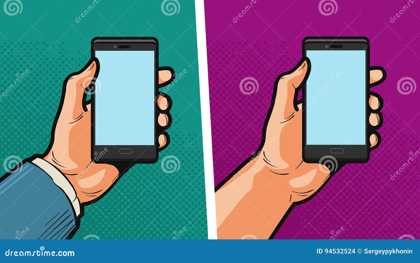 Smartphone, Mobile Phone in Hand. Comics Style Design. Cartoon Vector ...