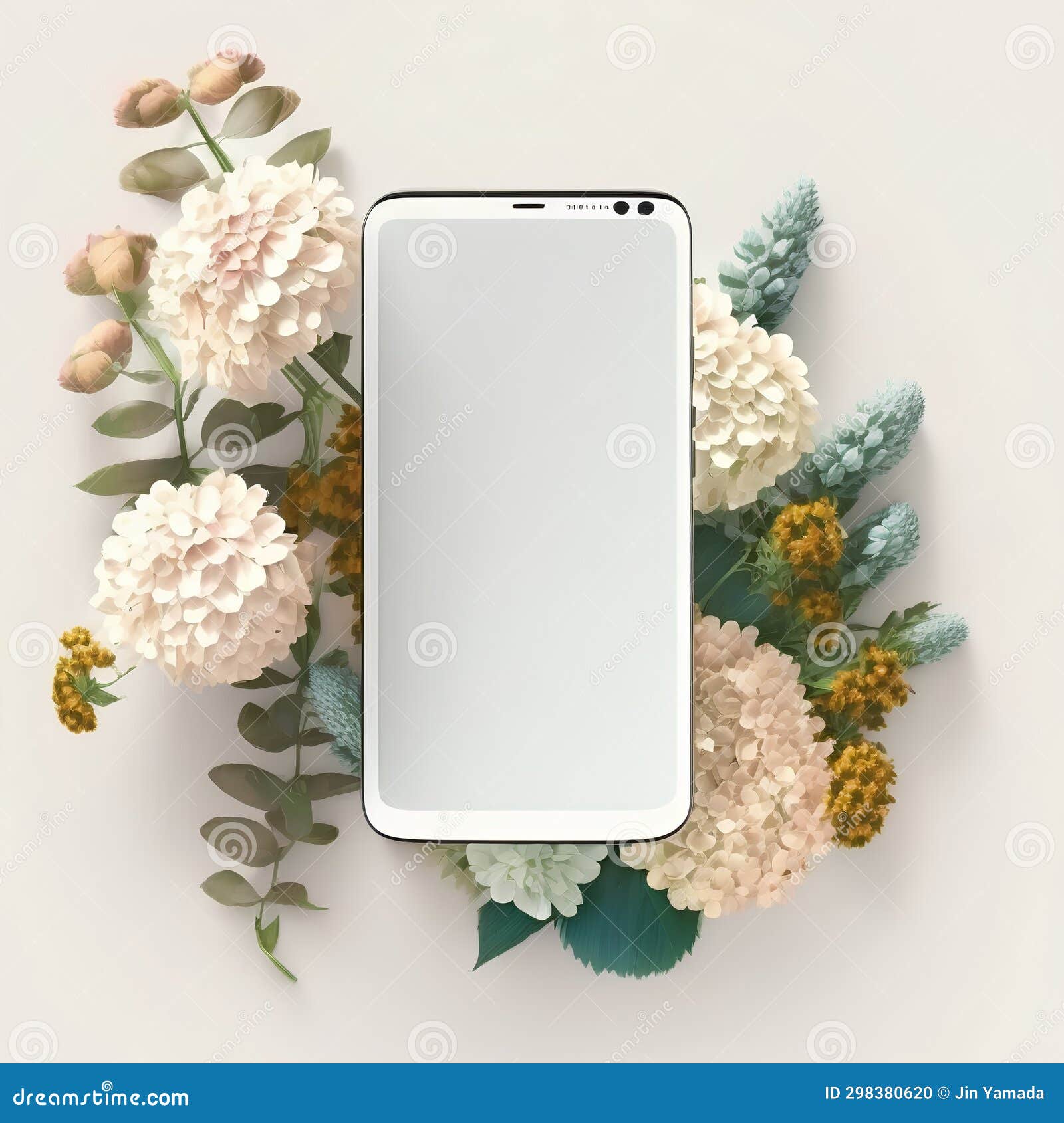 Smartphone Mockup with White Flowers and Eucalyptus Branches Stock ...