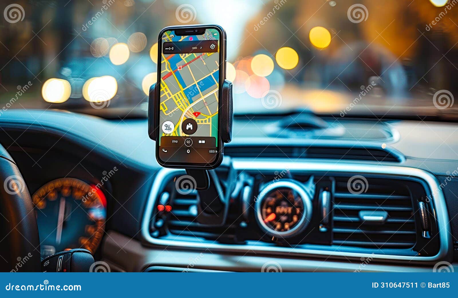 Smartphone Mounted on a Car Dashboard Displaying a Navigation Map Application, Indicating a ...