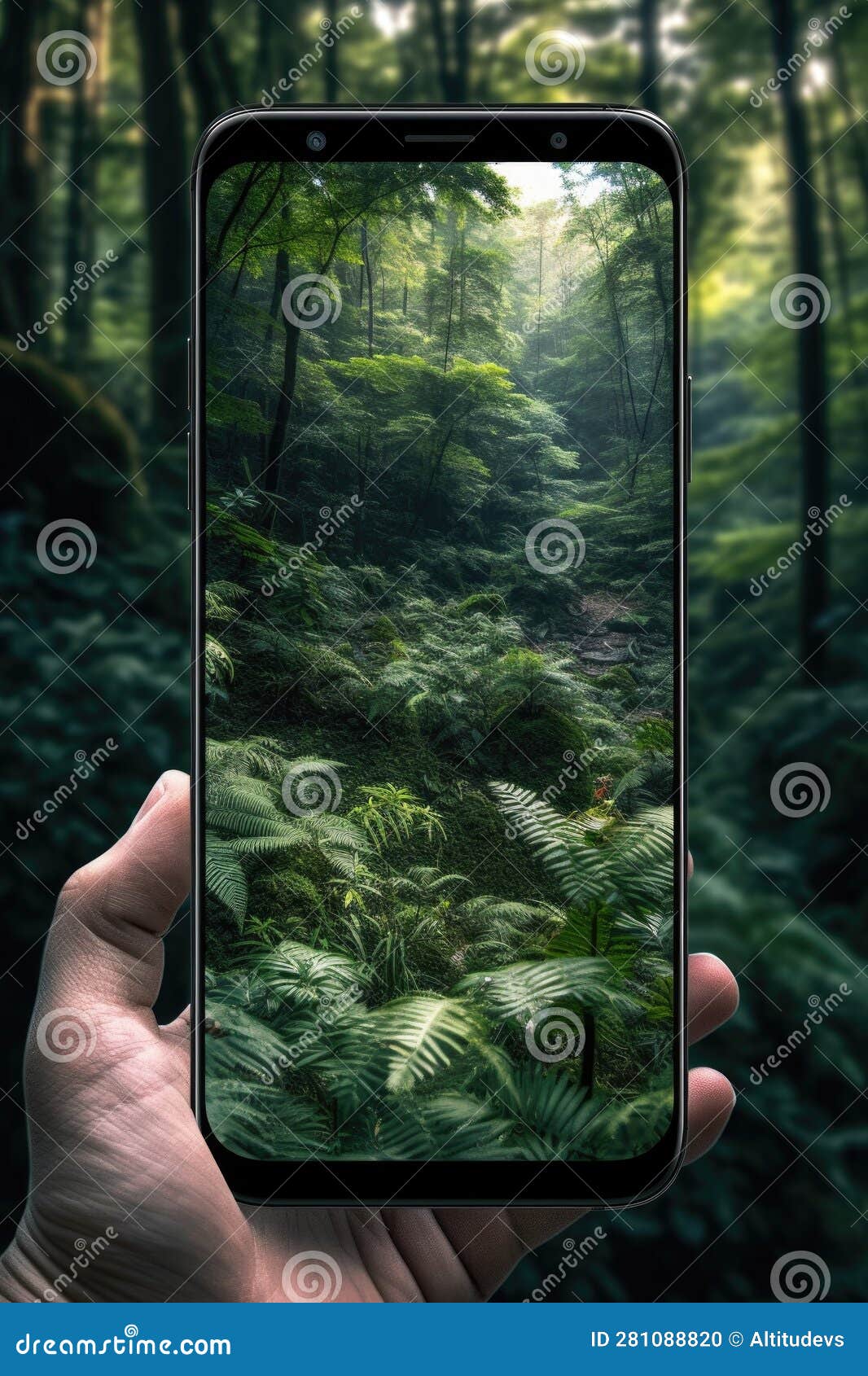 Smartphone with Nature Wallpaper Blending into a Forest Stock ...