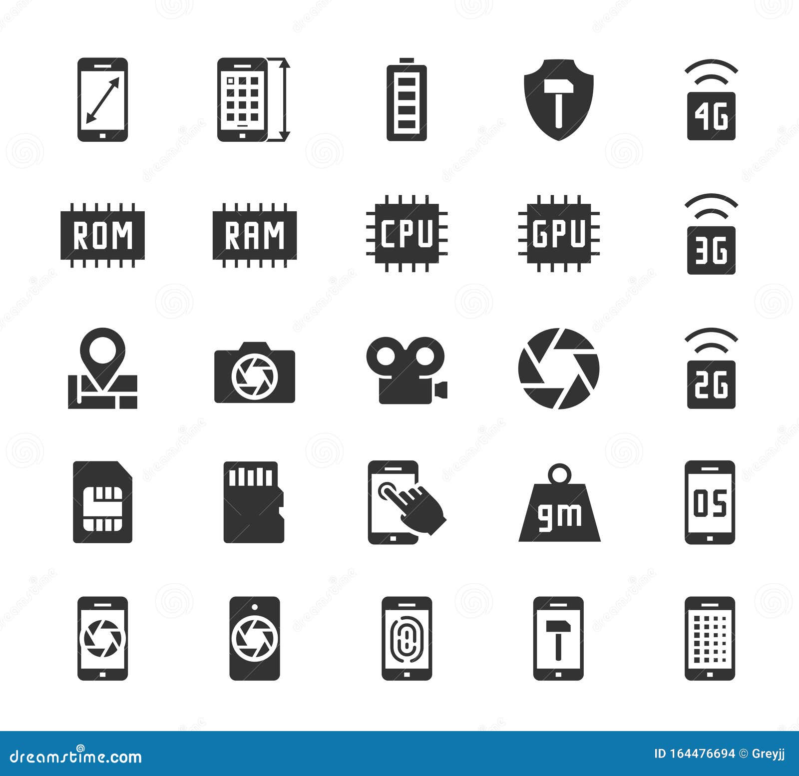 Smartphone Parameters Icon Set: Screen Dimensions, Resolution, ROM and ...