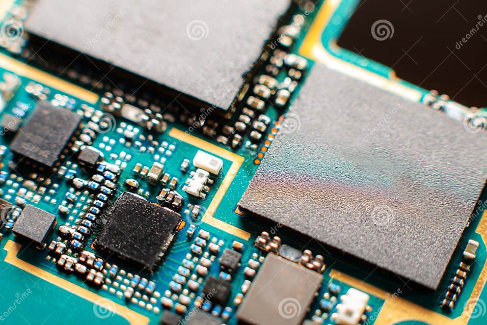 Smartphone PCB and Chips Super Close-up - Very Small SMD Elements Stock ...