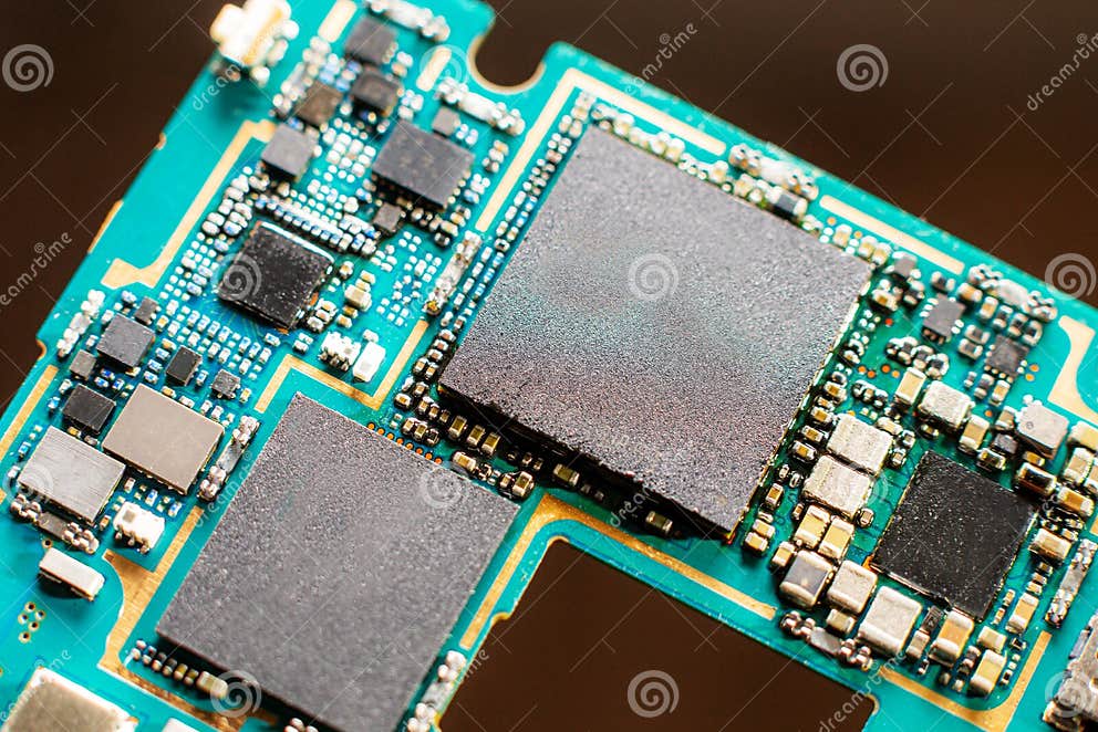 Smartphone PCB and Chips Super Close-up - Very Small SMD Elements Stock ...