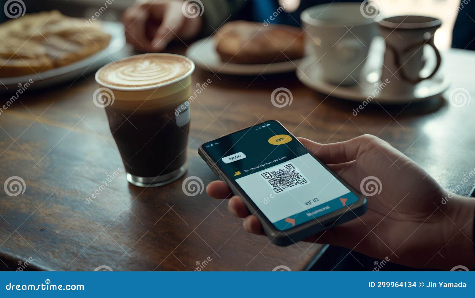 Smartphone with QR Code on Screen and Coffee on Table in Cafe Stock ...