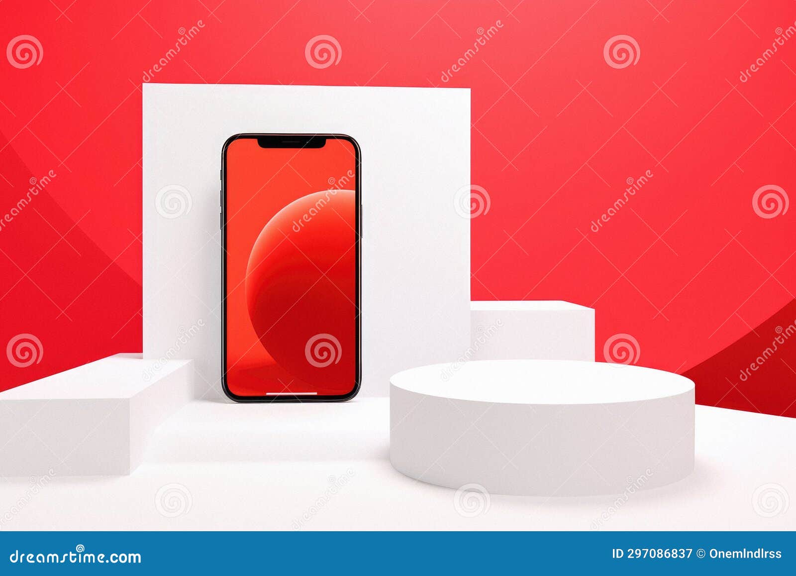 Smartphone with Red Screen on the White Podium . Stock Image - Image of ...