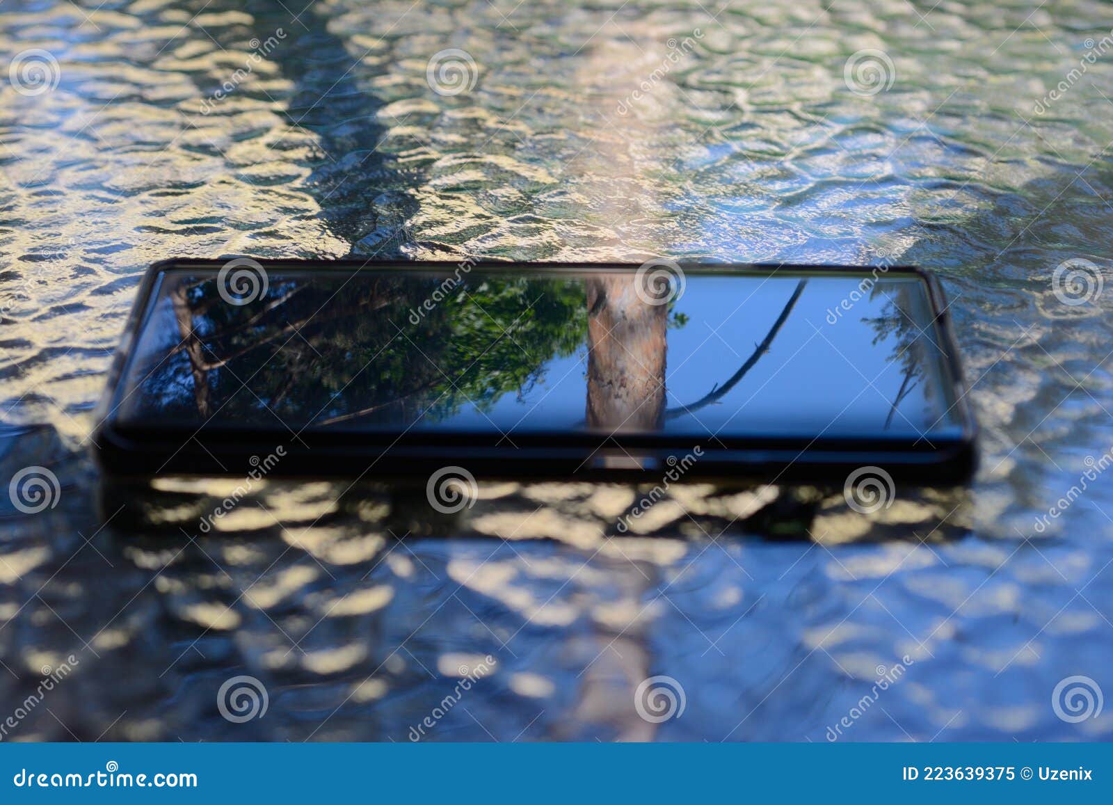 Smartphone with a Reflection of the Sky and Trees in the Screen, Lying ...