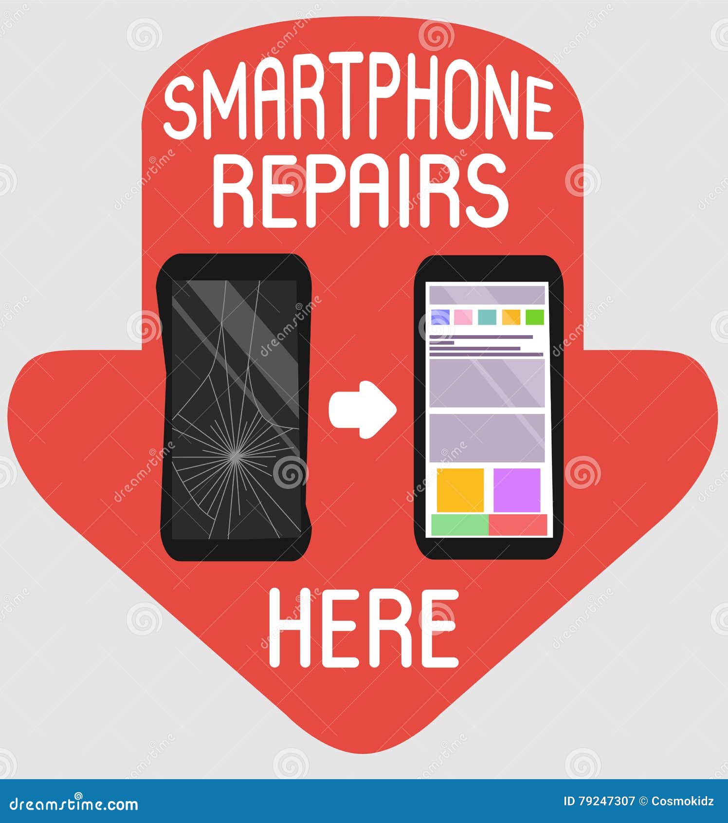 Smartphone Repairs Flat Design Sign. Vector Illustration Of Broken And ...