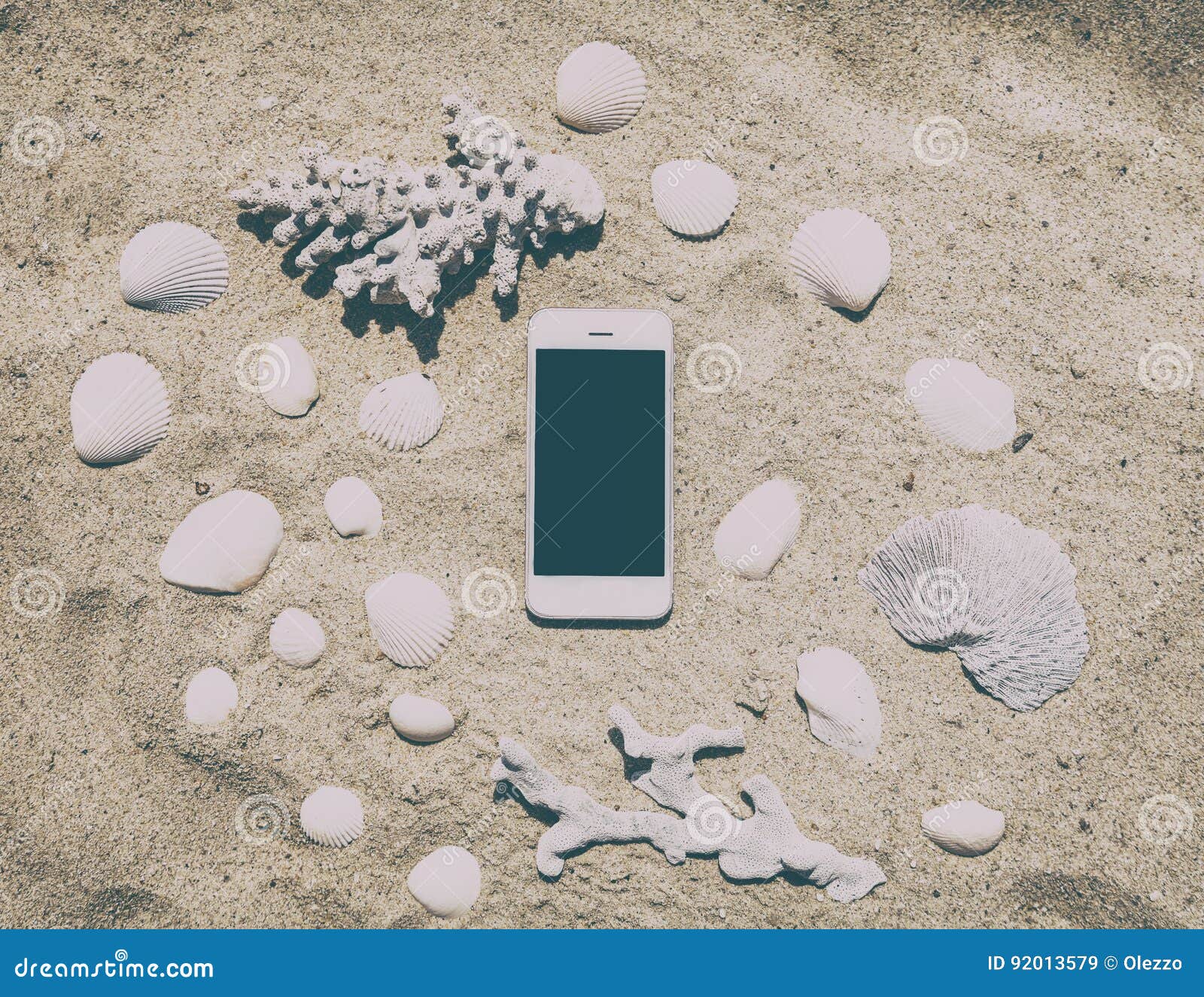 Smartphone in the Sand with Shells and Corals, Business and Tech Stock ...