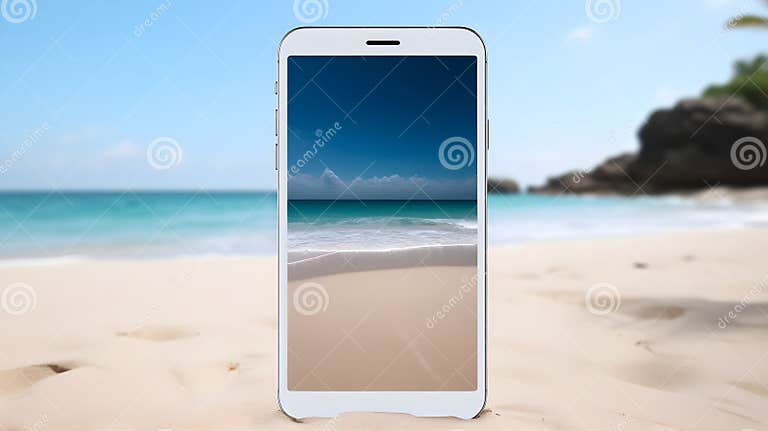 A Smartphone Screen Mockup on a Sandy Beach Stock Image - Image of ...