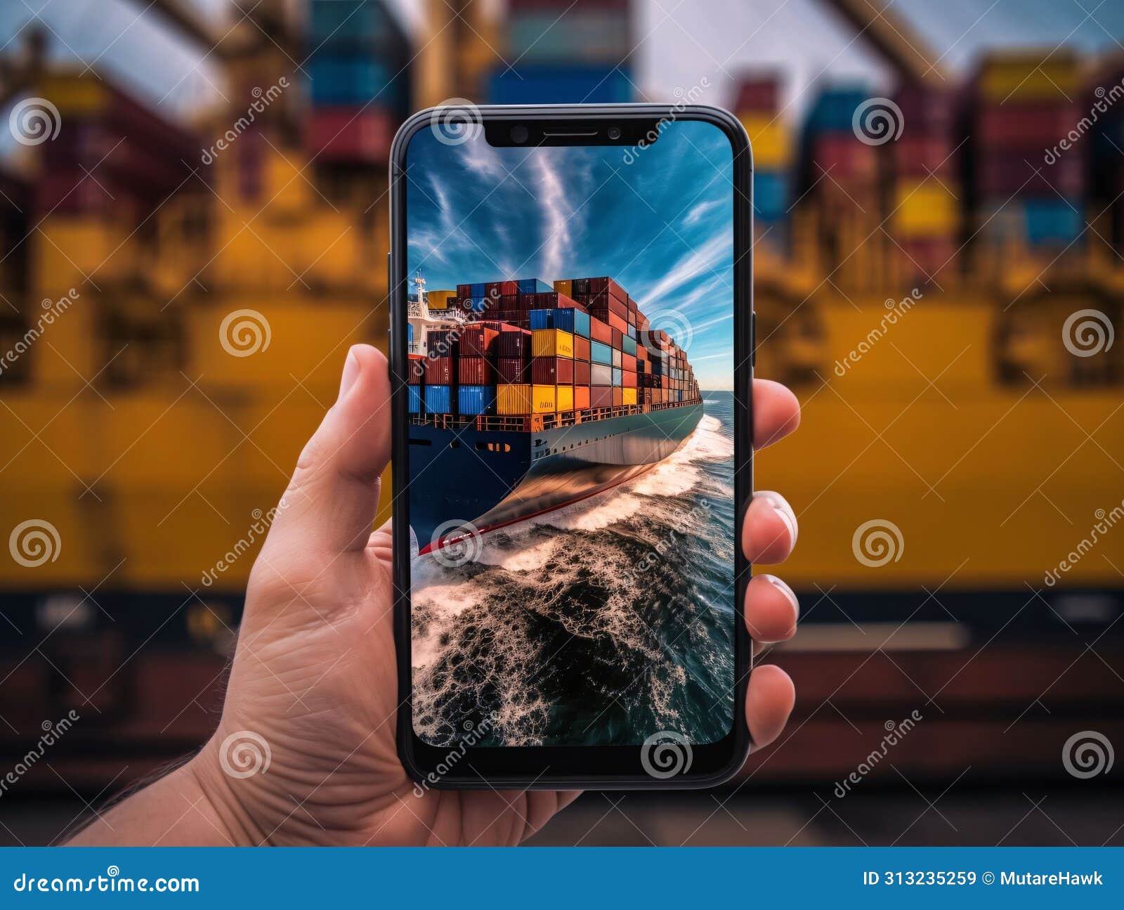 Smartphone in Hand with Container Cargo Ship Background. Logistics and ...