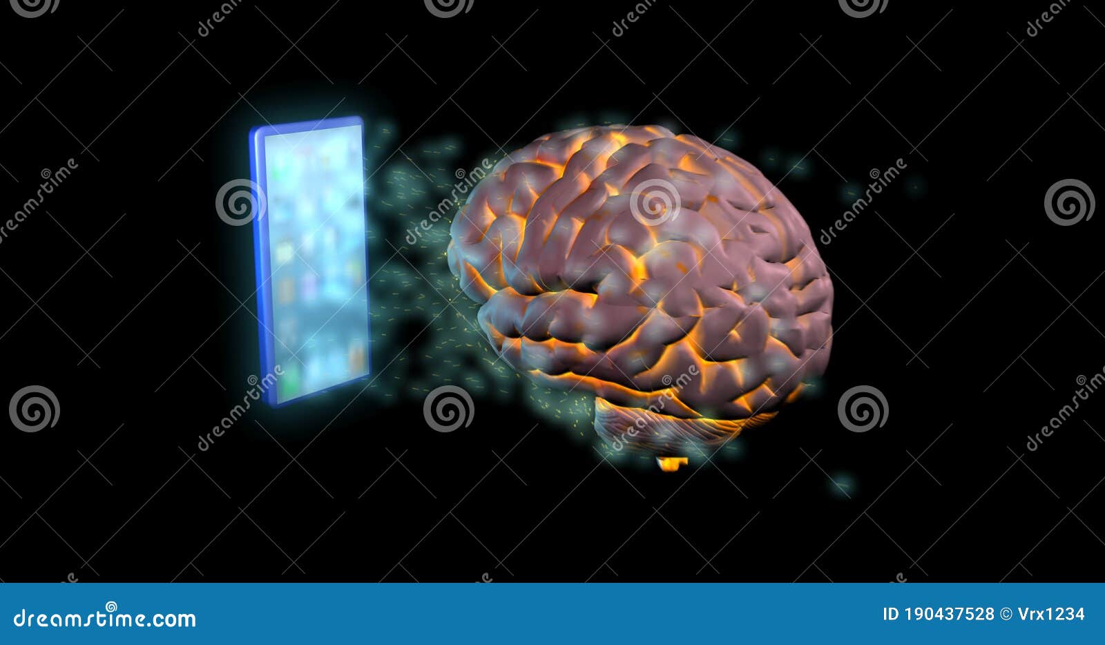 Smart Phone Sending Information into Glowing Brain. 3d Render. View 2 ...