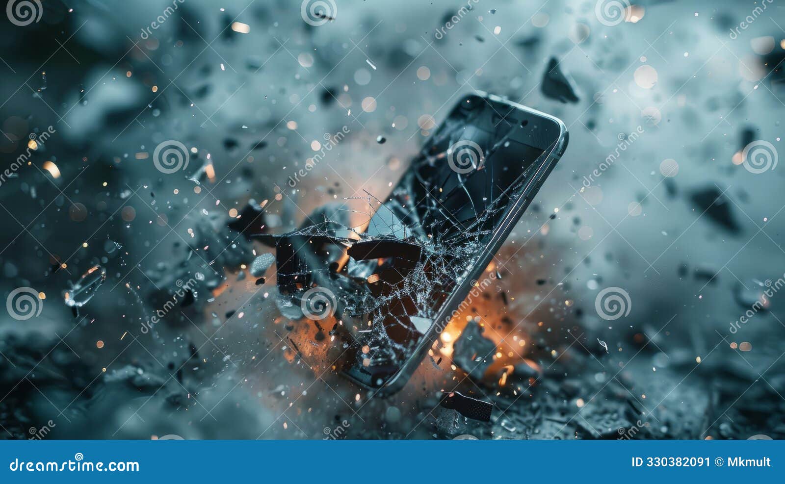 A Smartphone Shattering upon Impact with Debris and Glowing Sparks in a ...