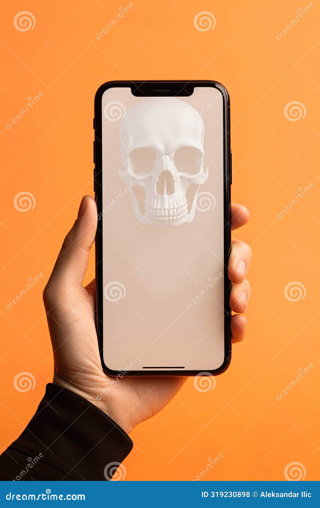 Smartphone with Skull on a Display Screen Held in Hand. Generative Ai ...