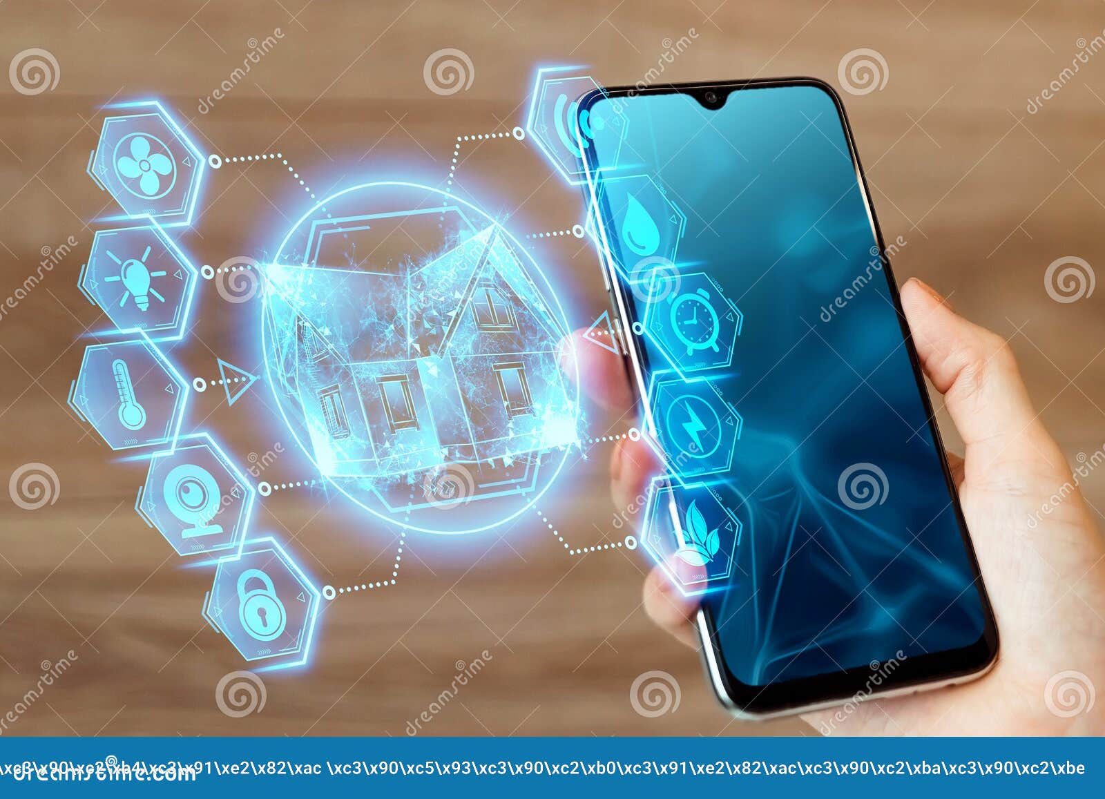 Smartphone and Smart Home Interface Hologram. Mixed Environment Stock ...