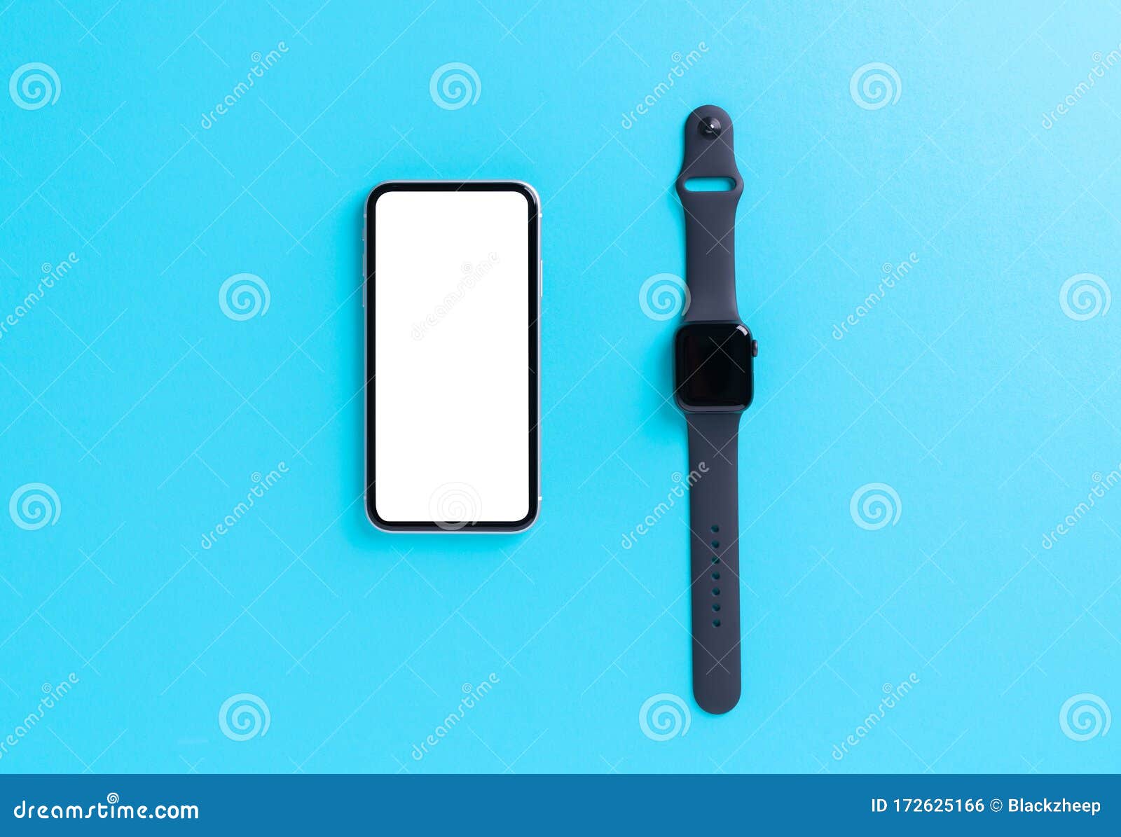 Smartphone and Smart Watch on Light Blue Background Stock Photo - Image ...