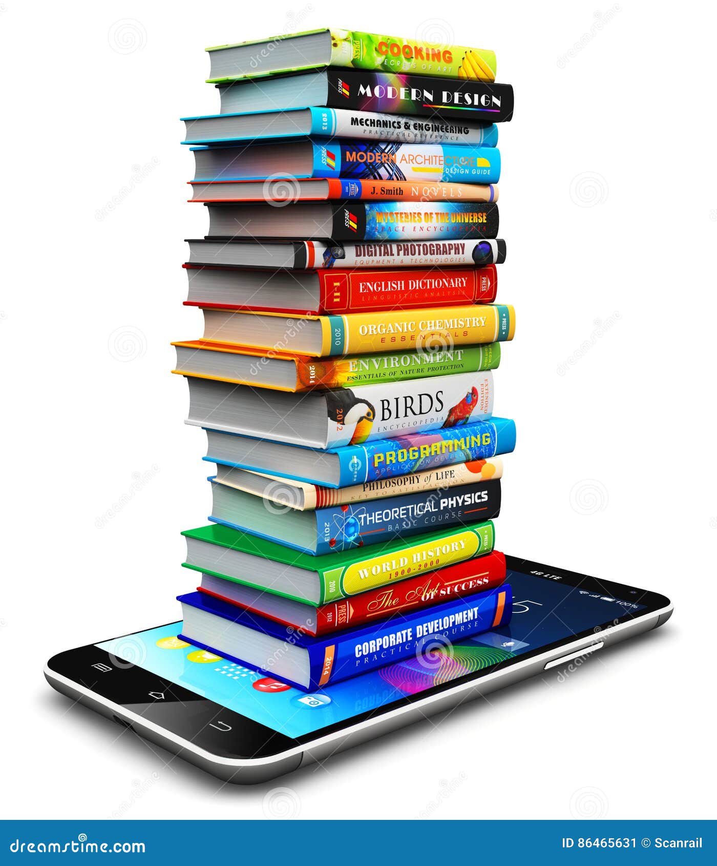 Smartphone and Stack of Color Hardcover Books Stock Illustration ...