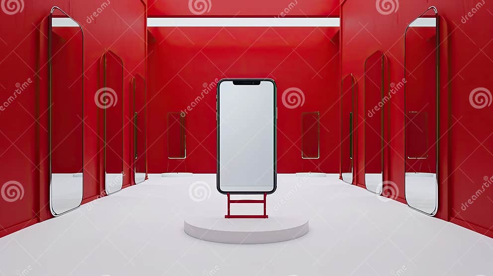 A Smartphone Stands on a White Platform in the Middle of a Red Room ...