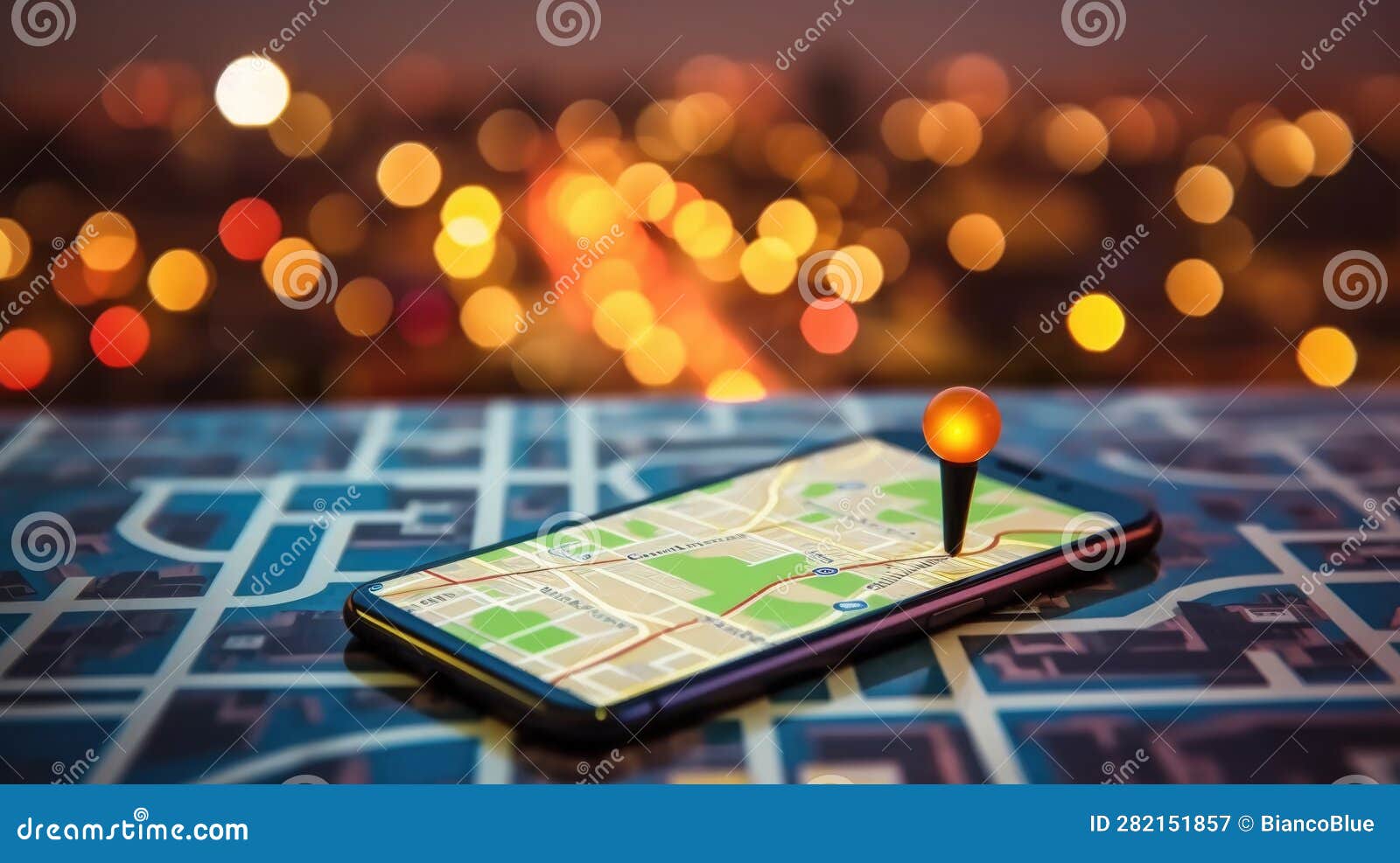 Smartphone on Table Top with Map and Location Pin, Blur Background of ...