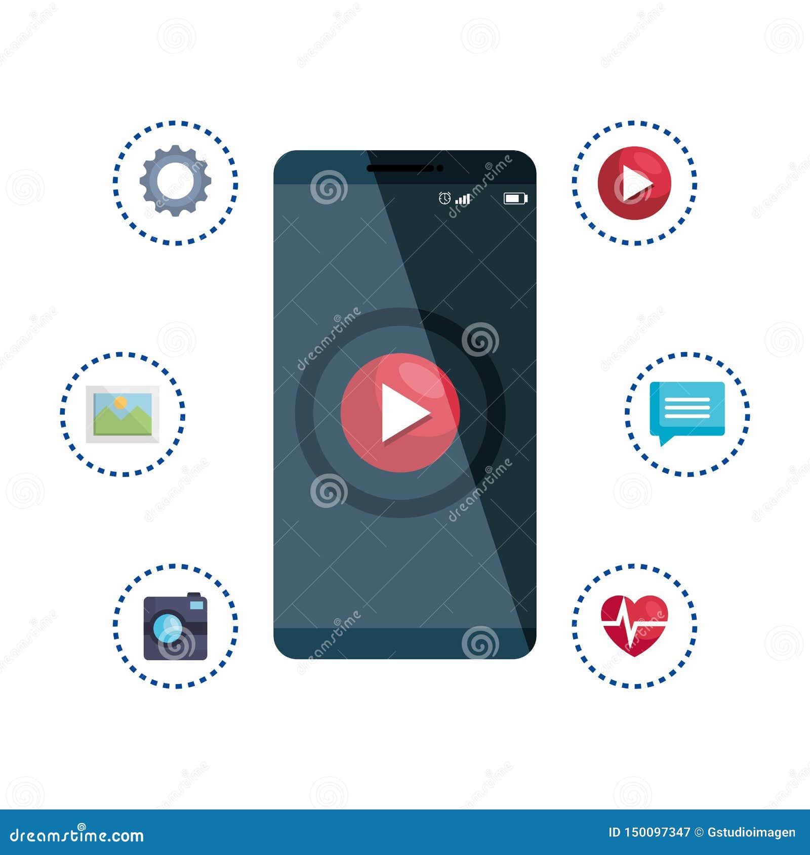 Smartphone Technology with Play Button and Applications Menu Stock ...