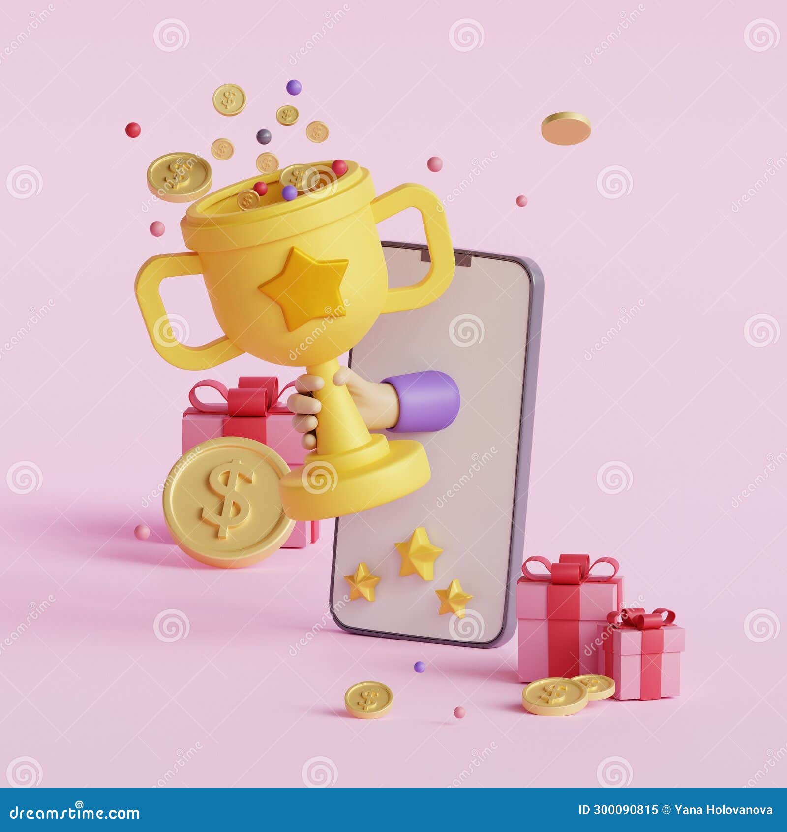 Smartphone with Trophy Cup and Presents. 3d Render Stock Illustration ...