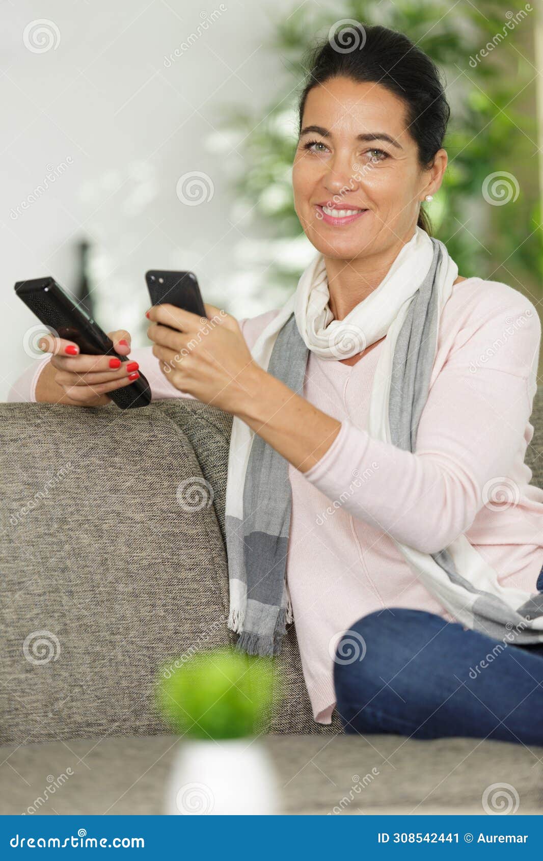 Smartphone and Tv Control in Woman Hands Stock Image - Image of power ...