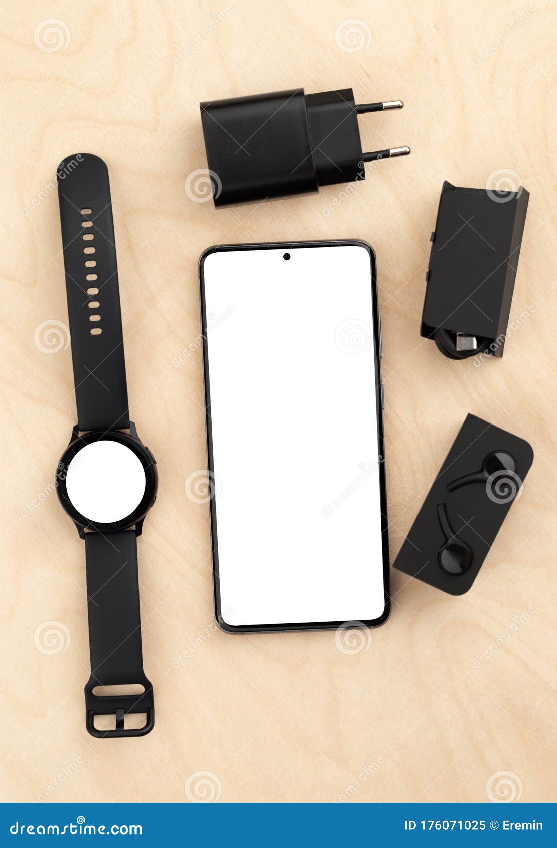 Smartphone and Watch on a Wooden Table with a White Screen. Stock Image ...