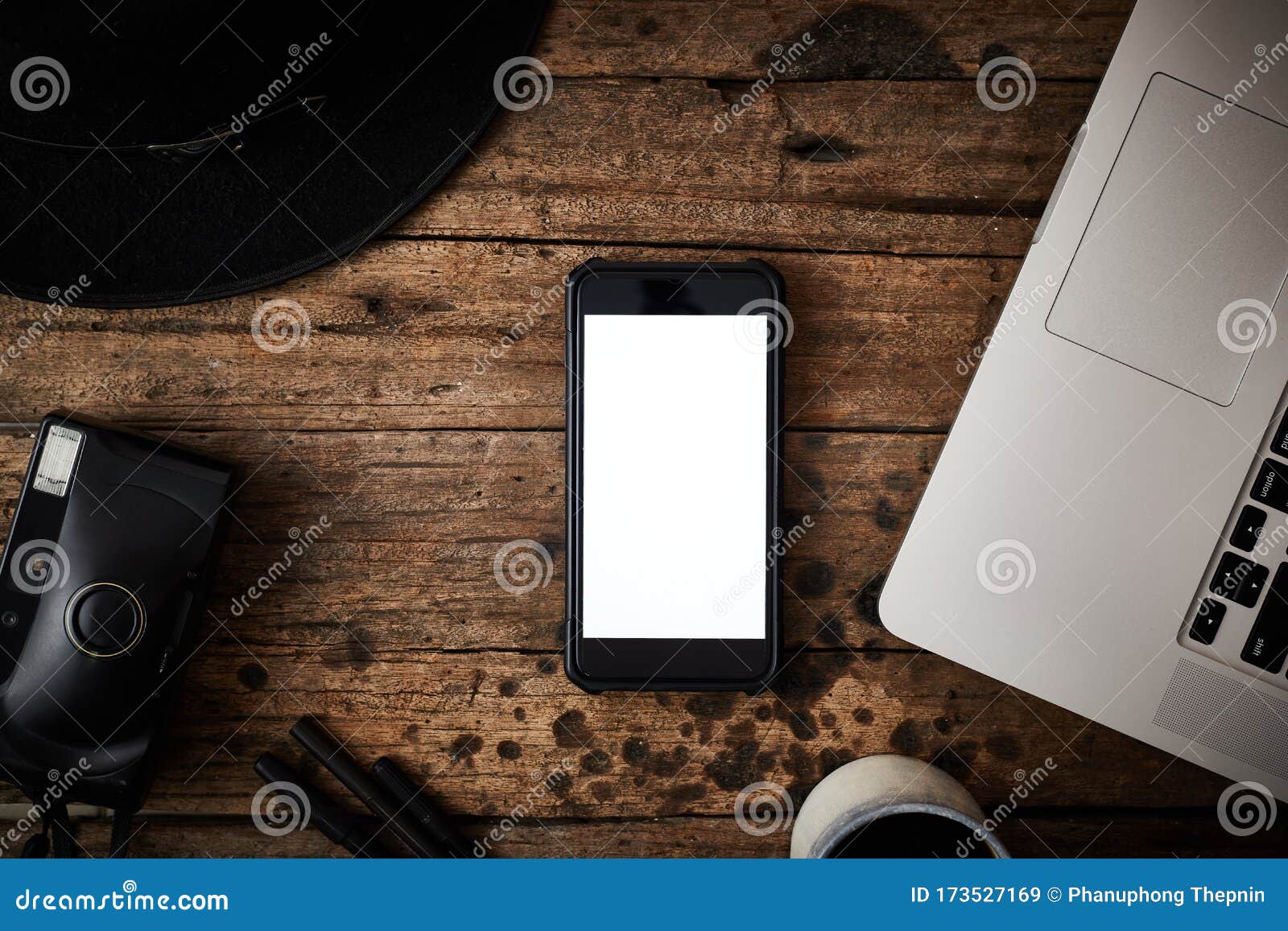 Smartphone White Screen on Wooden Table Stock Image - Image of coffee ...
