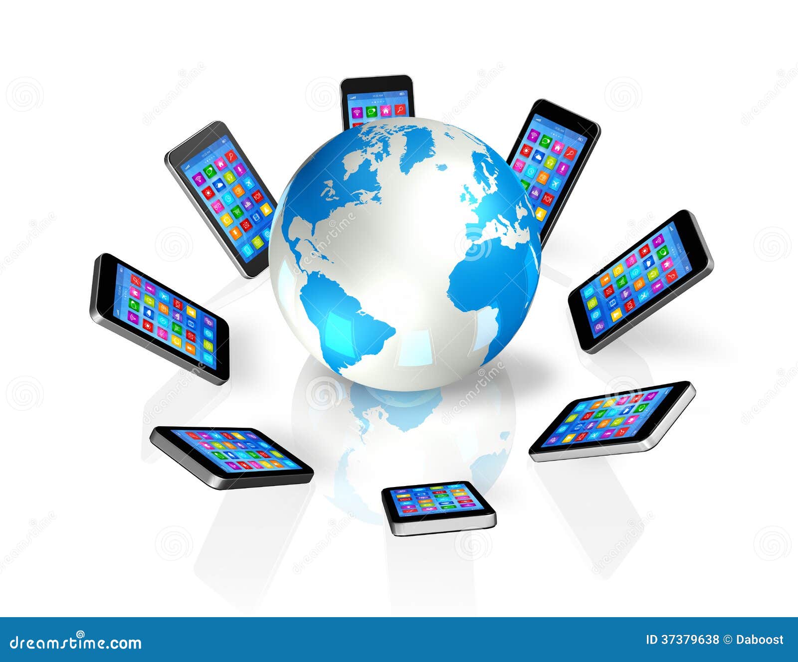 Smartphones Around World Globe, Global Communication Stock Illustration ...