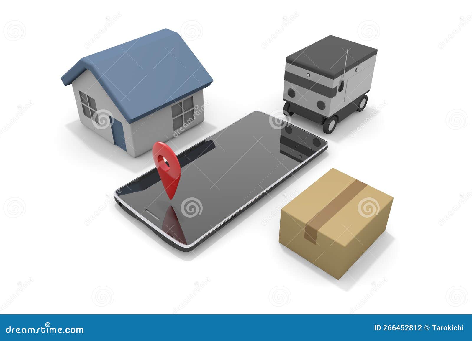 Smartphones and Delivery Apps. Delivery Robot and Parcel Cardboard ...