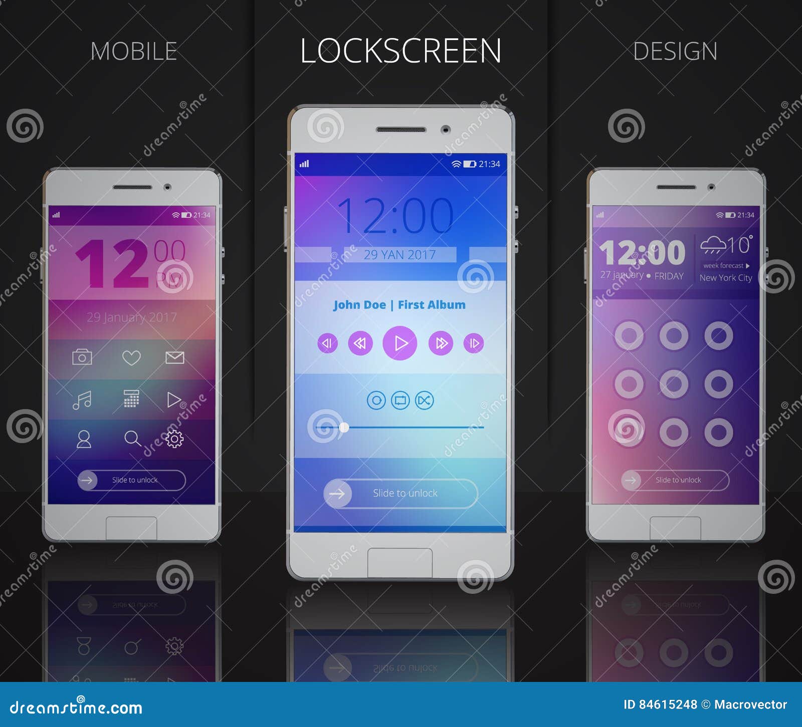 Smartphones Lock Screen Designs Stock Vector - Illustration of player ...