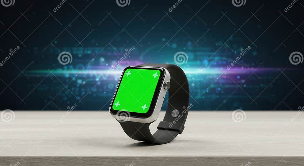 Smartwatch with Green Screen Display on Wooden Surface Stock Image ...