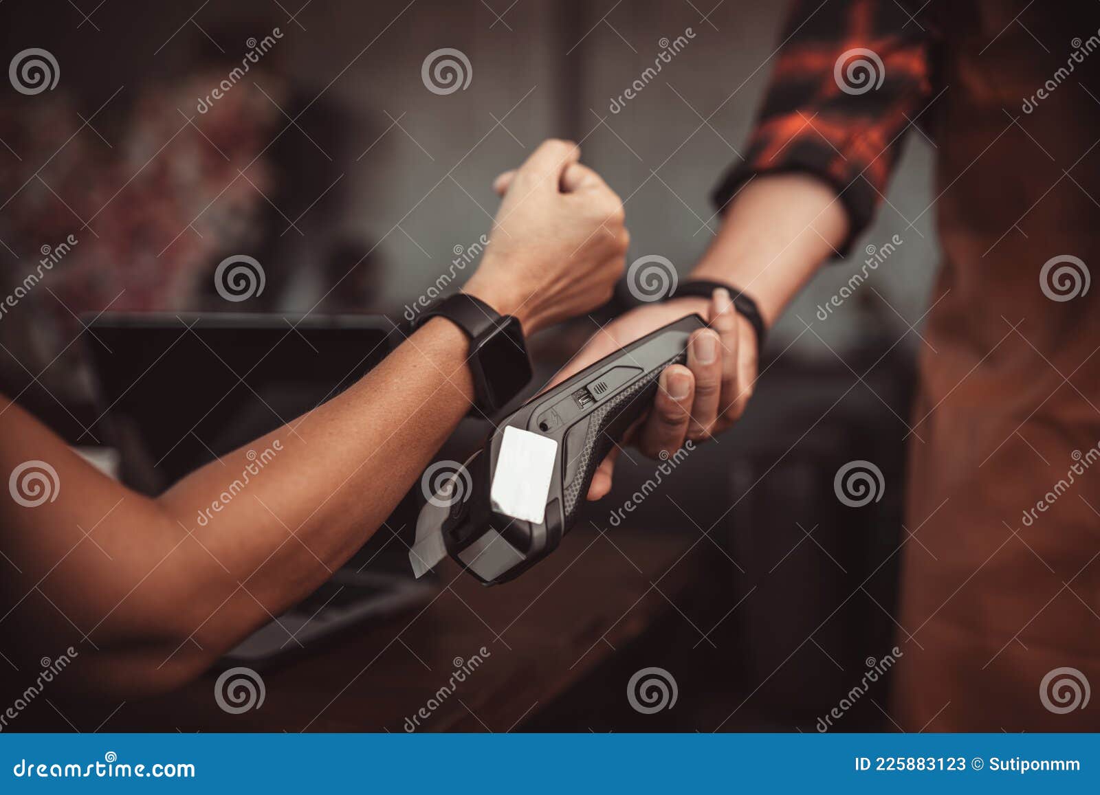 The Smartwatch Payment with Credit Card Reader Machine at Cafe Stock ...