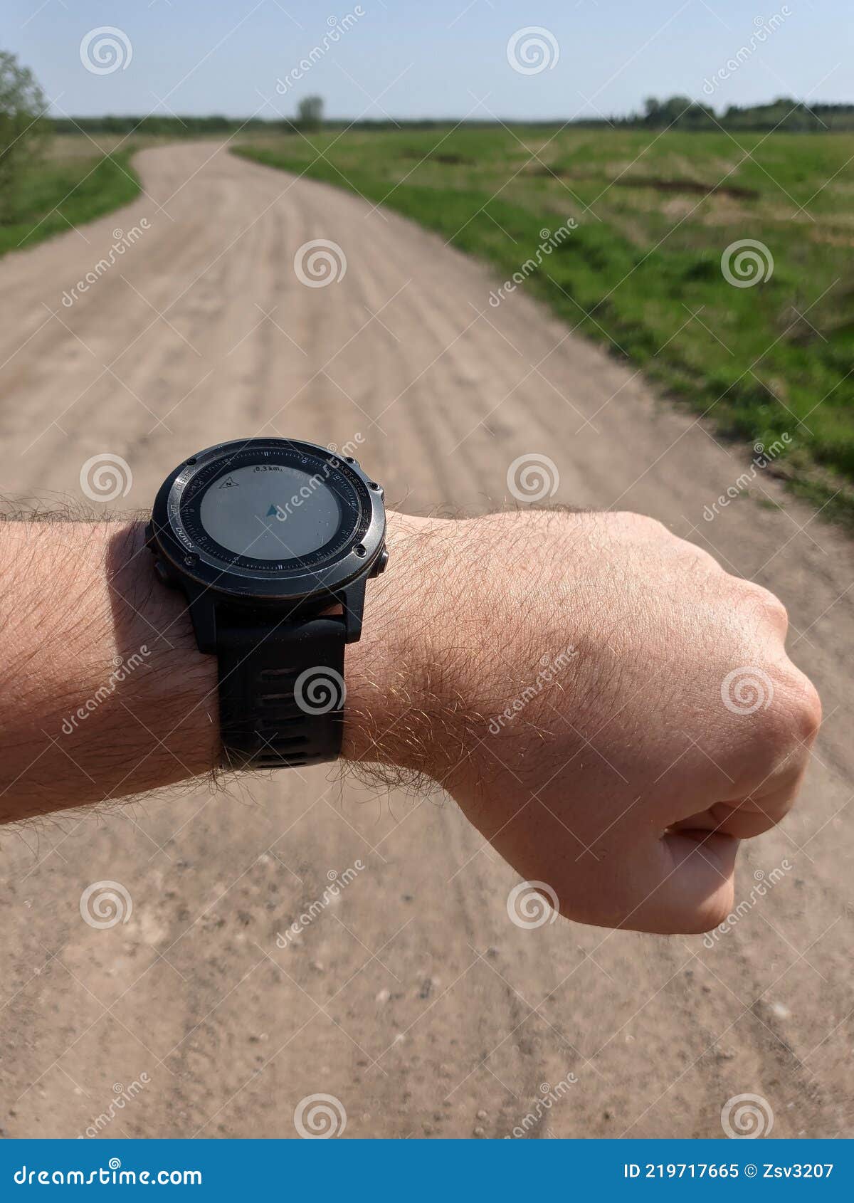 Smartwatch Show the Direction of the Route on the Field Road. Trekking ...