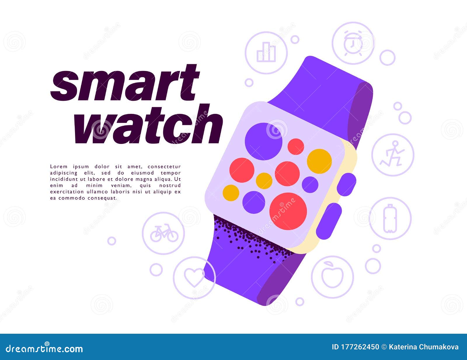 Smart Watch with App Icons on Its Touch Screen Concept. Stock Vector ...