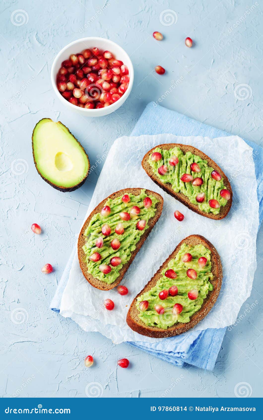 Smashed Avocado Pomegranate Rye Sandwiches Stock Photo - Image of ...
