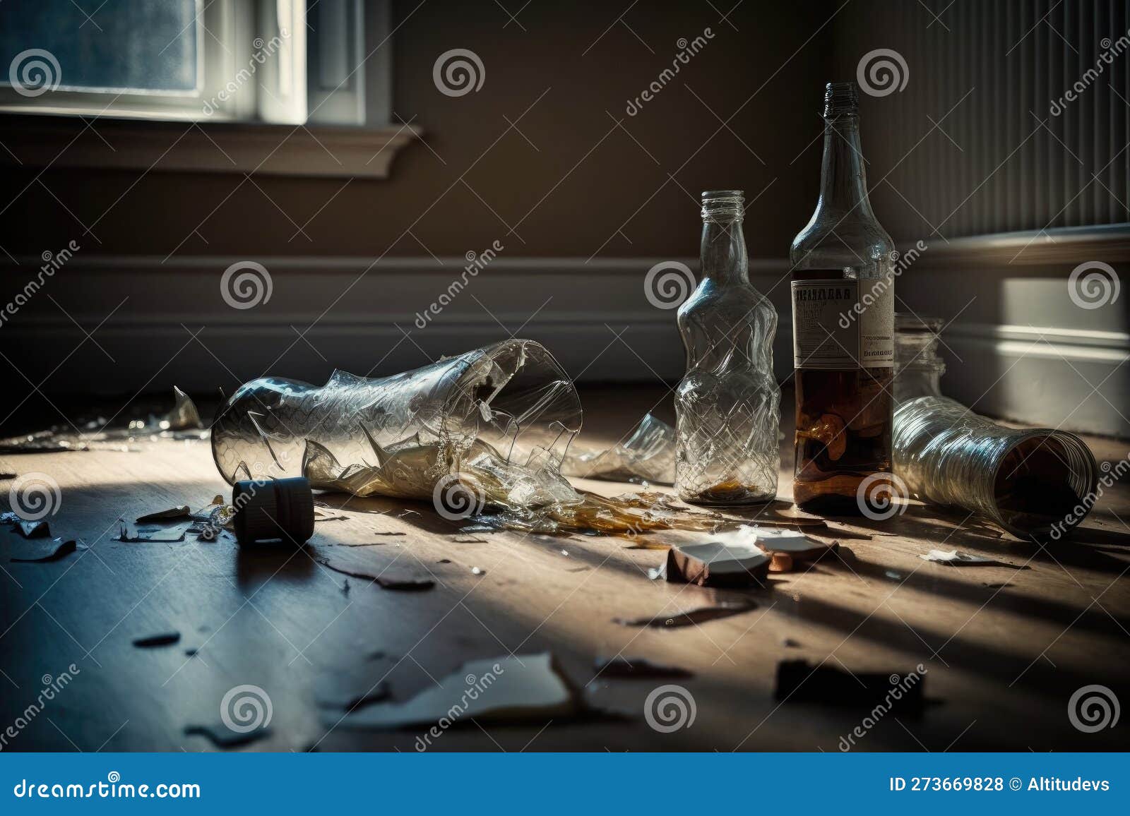 Smashed Bottles of Alcohol and Glasses on Floor in Room after Party ...