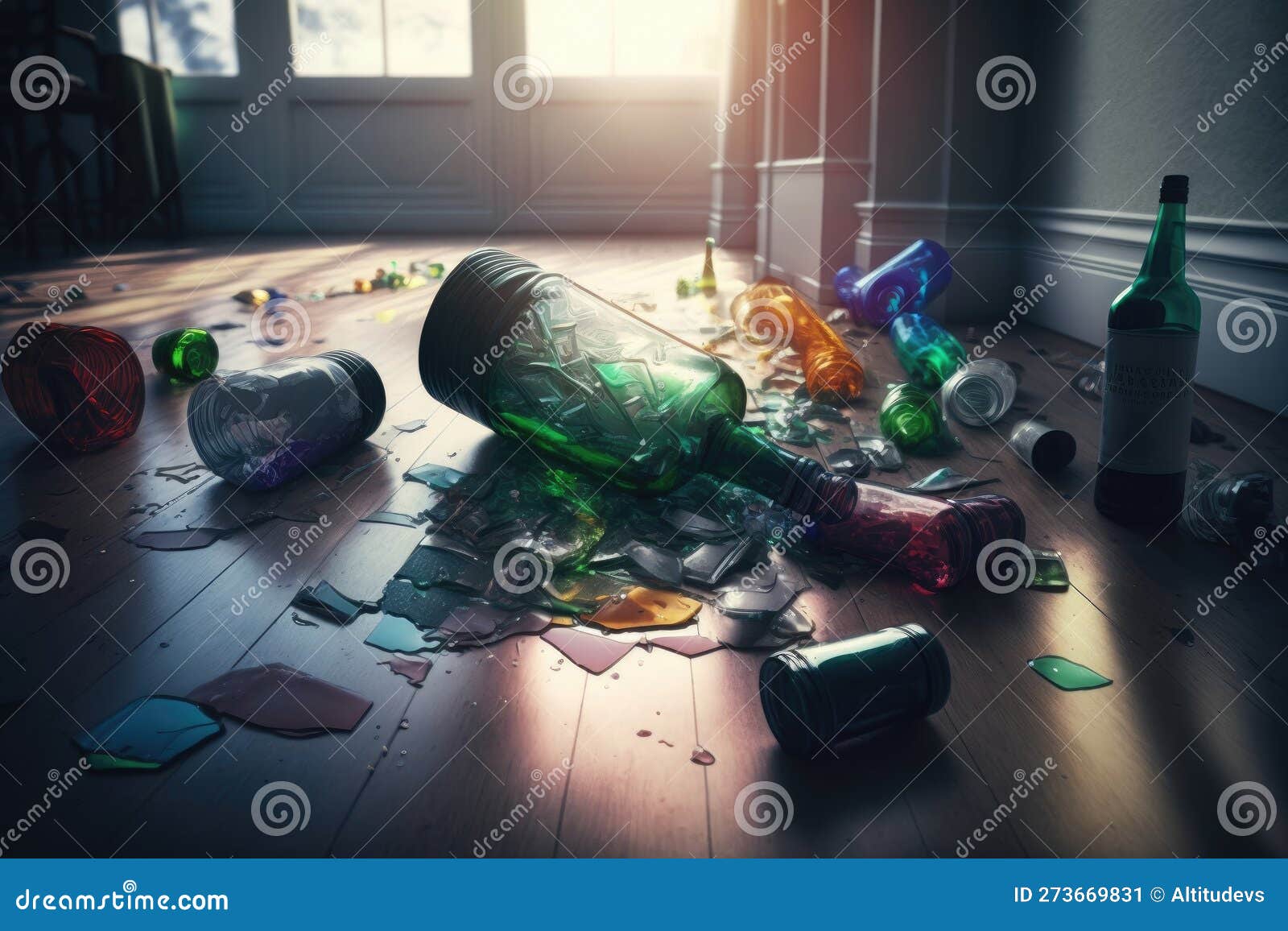 Smashed Bottles of Alcohol and Glasses on Floor in Room after Party ...