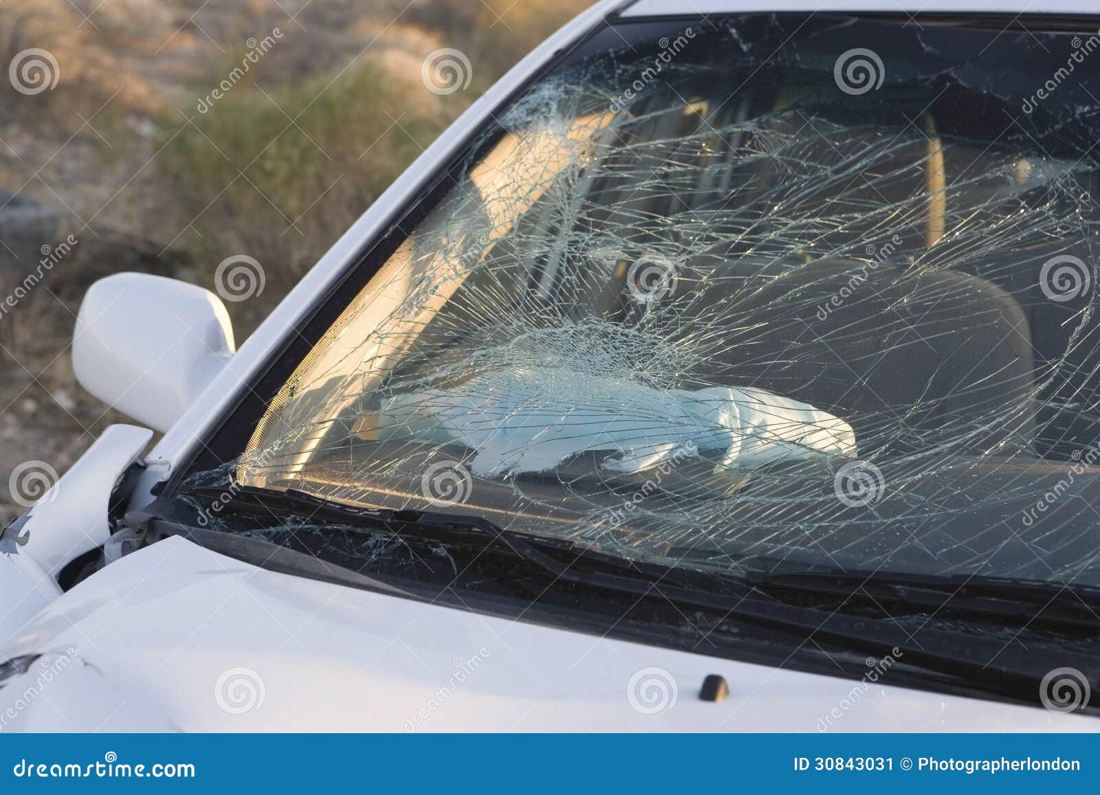 Closeup Of Smashed Car After Accident. Broken Front Of The Vehicle ...