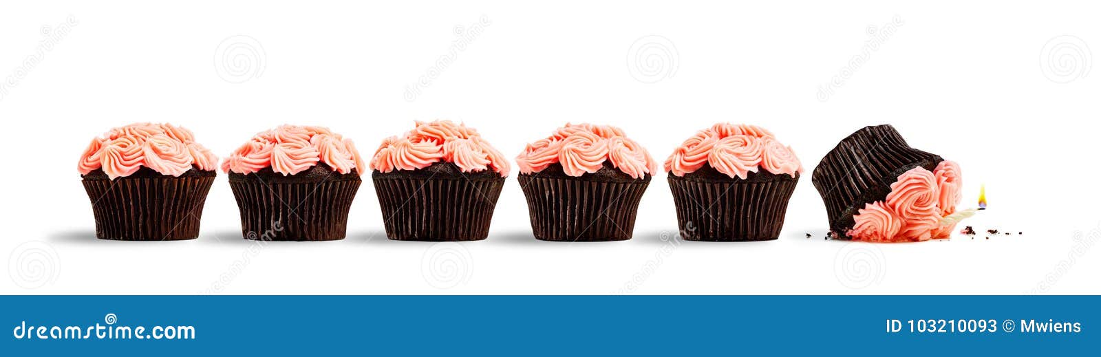 Smashed Cupcake in Long Row of Cupcakes with Candle on White Stock ...