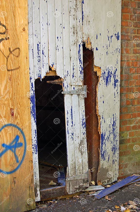 Smashed in wooden door stock photo. Image of hinge, plank - 211806834