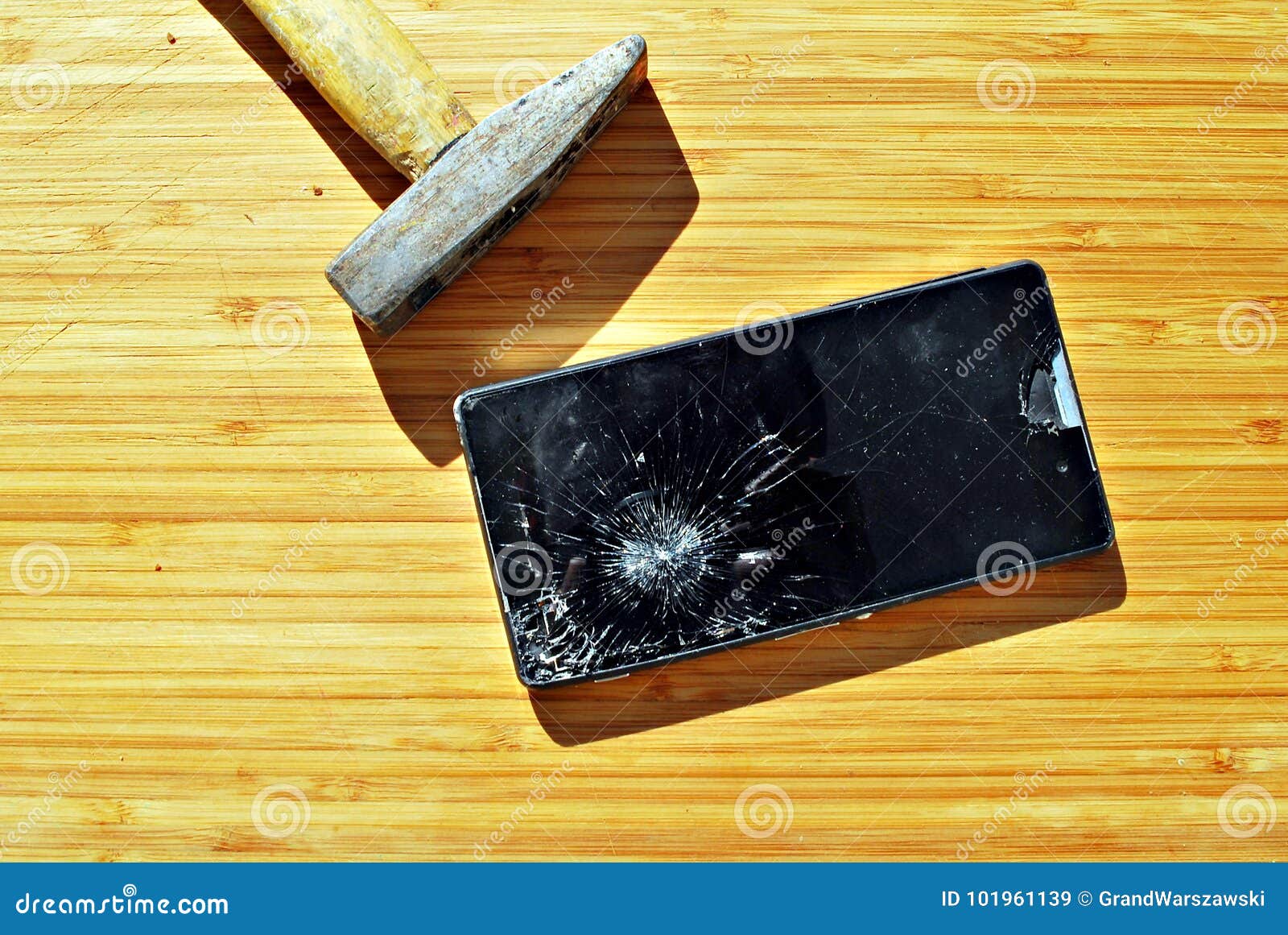Smashed Phone Screen on a Table with a Hammer Stock Image - Image of ...