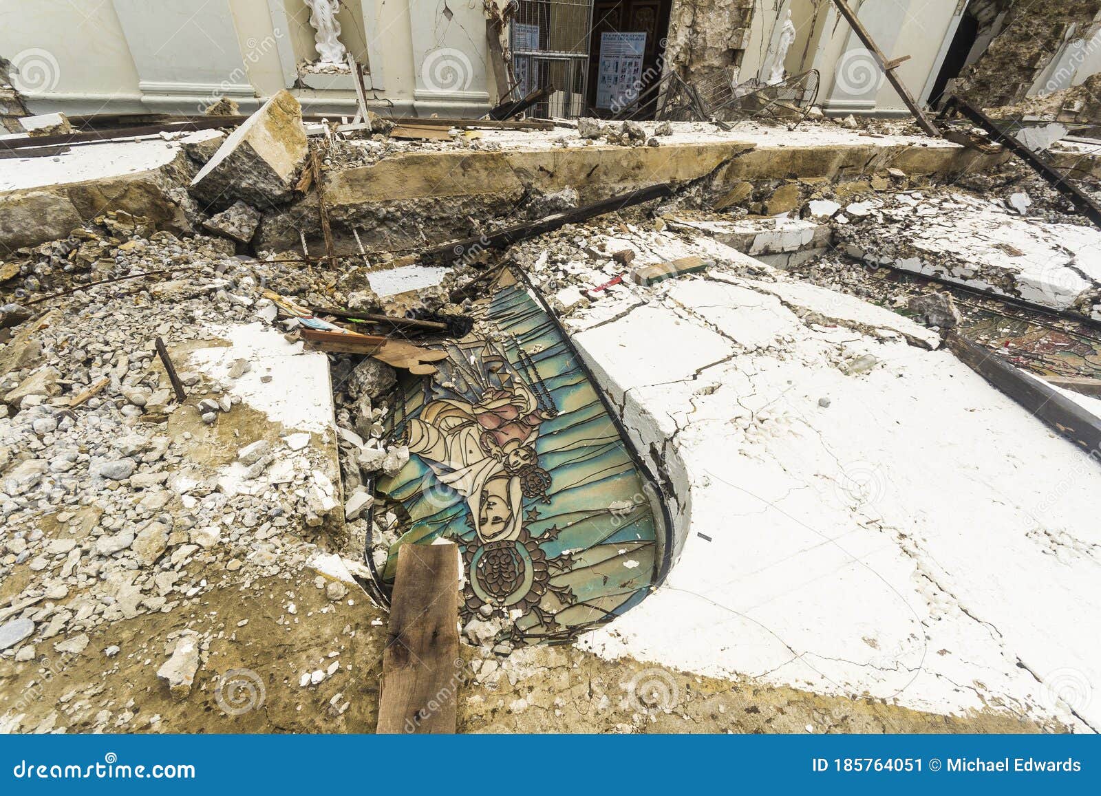 Smashed Stained Glass and a Collapsed Wall, Aftermath of an Earthquake ...