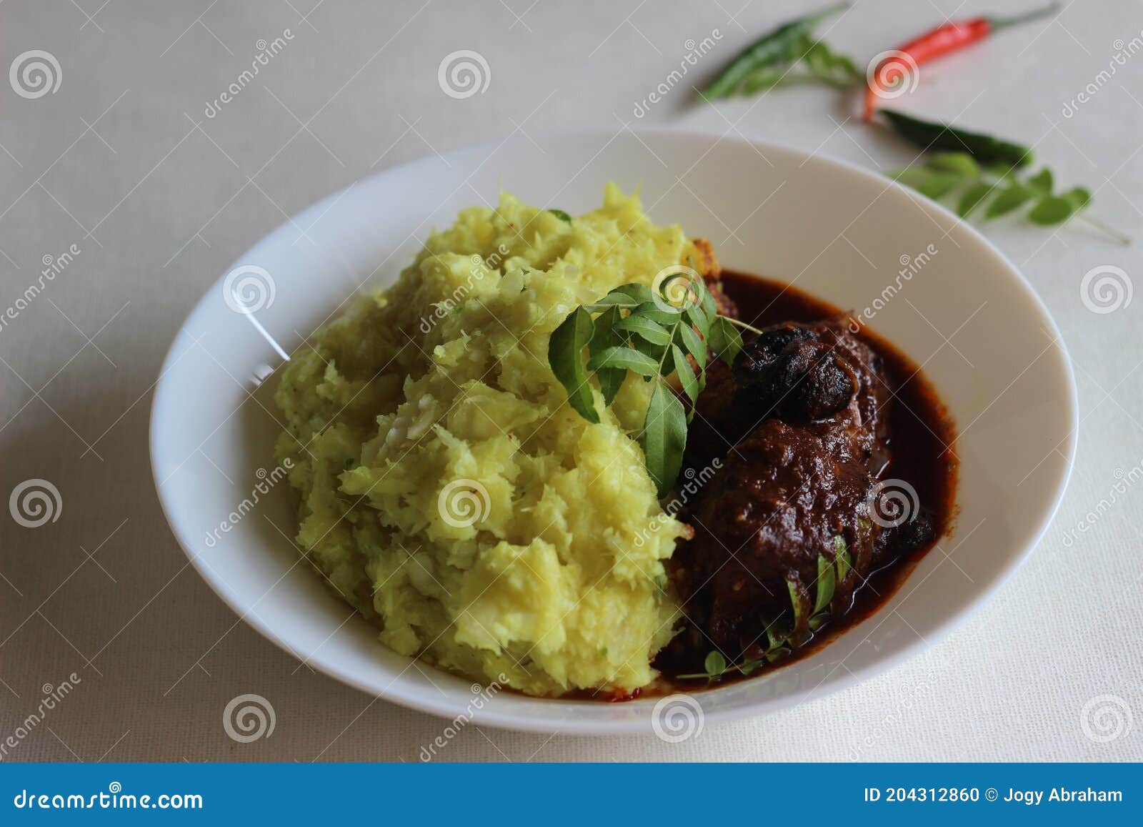 Mashed Tapioca Fish Curry and Chilli Chutney Stock Photo - Image of ...