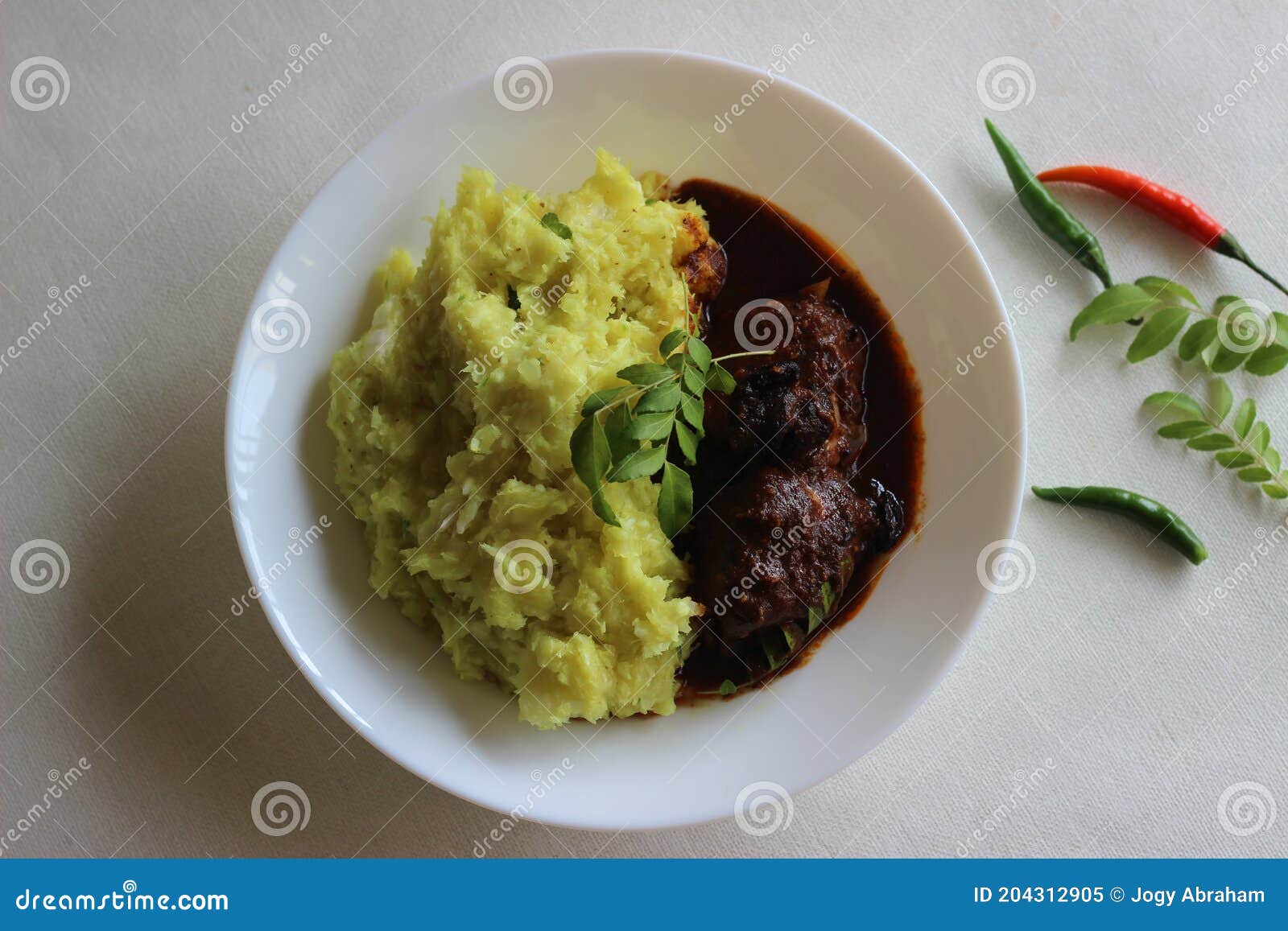Mashed Tapioca Fish Curry and Chilli Chutney Stock Image - Image of ...
